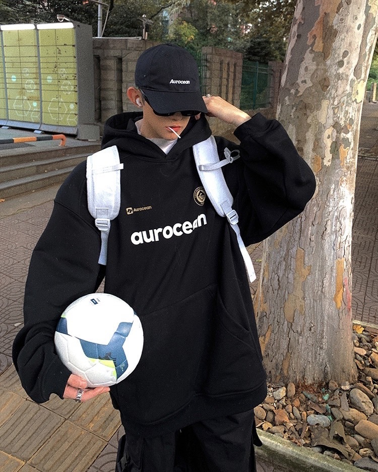 Aurocean 重磅加絨寬鬆厚版logo膠印連帽衛衣