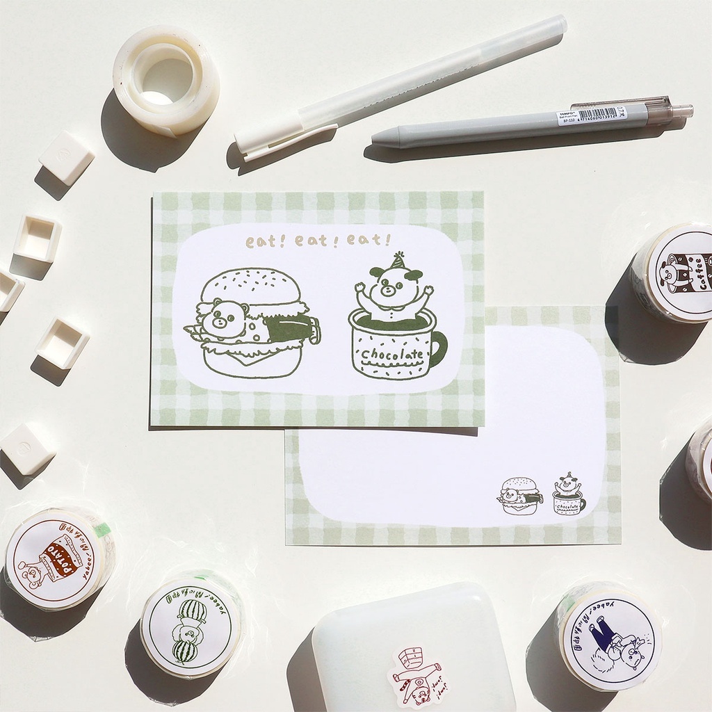 Yabee 開心動物園 雙面明信片 - 綠色系-漢堡咖啡杯