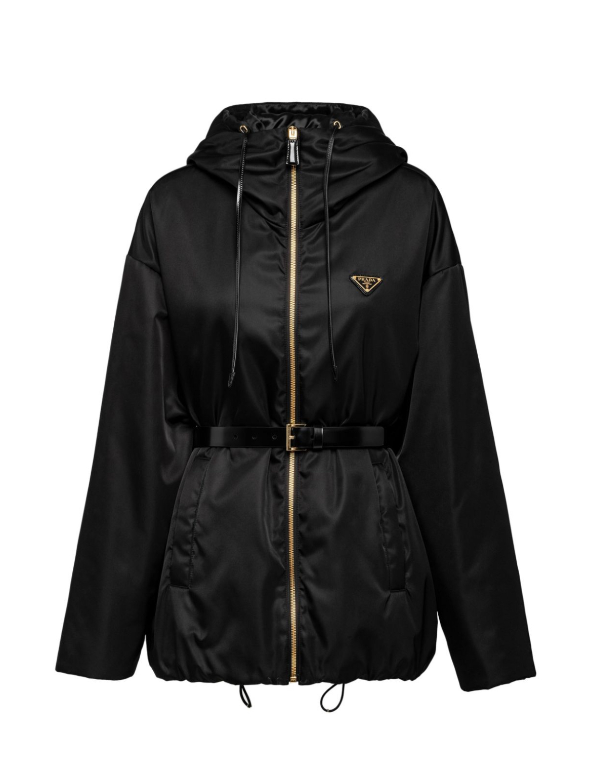 Prada enamel triangle logo belted hooded jacket