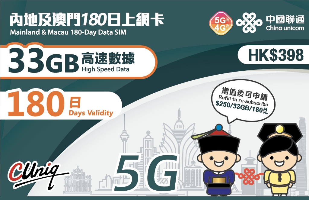 (中澳)33GB/180天中國聯通中國內地及澳門共用5G/4G上網卡。