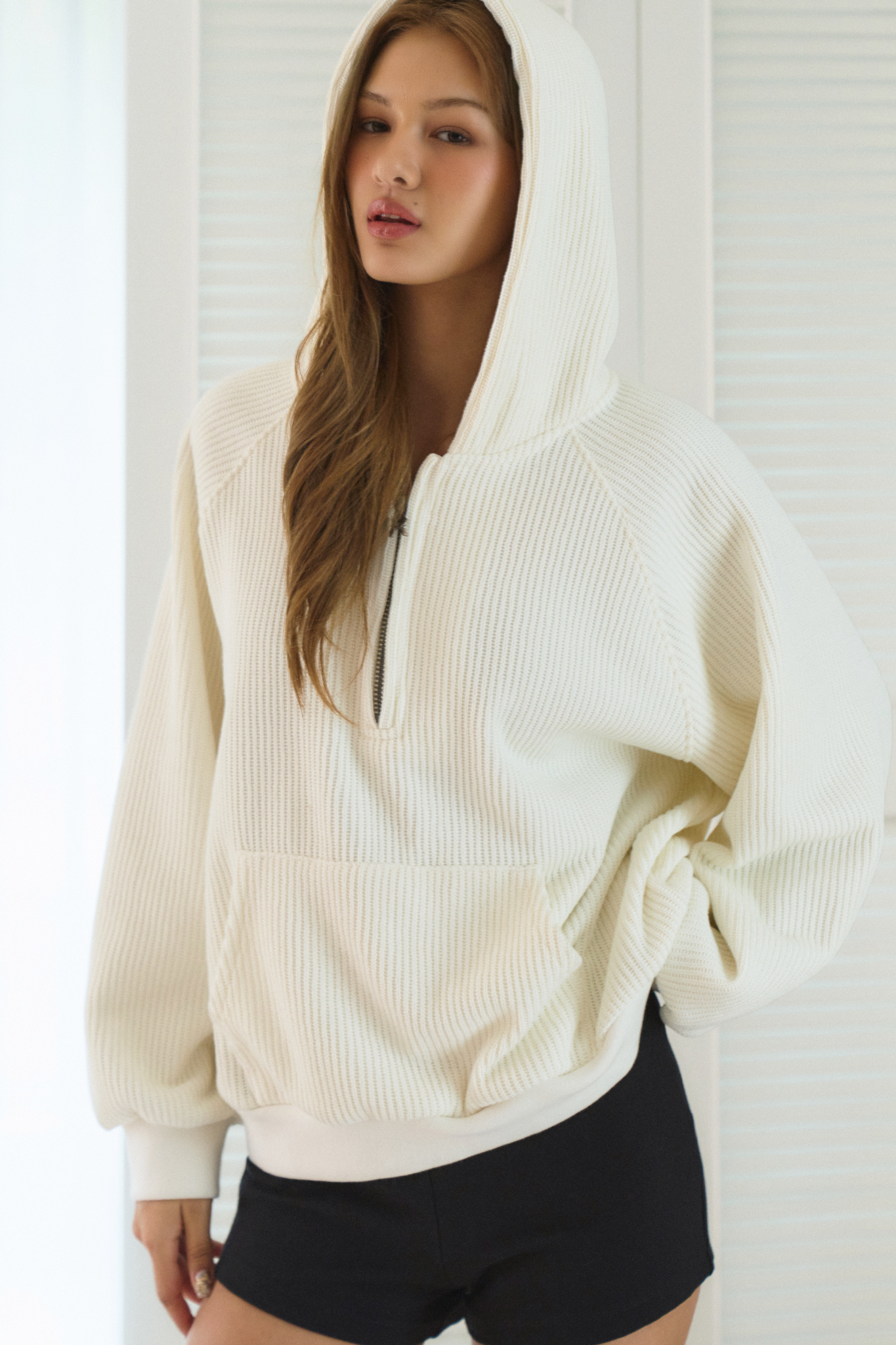 Double Layer Knitted Hoodie - Ivory