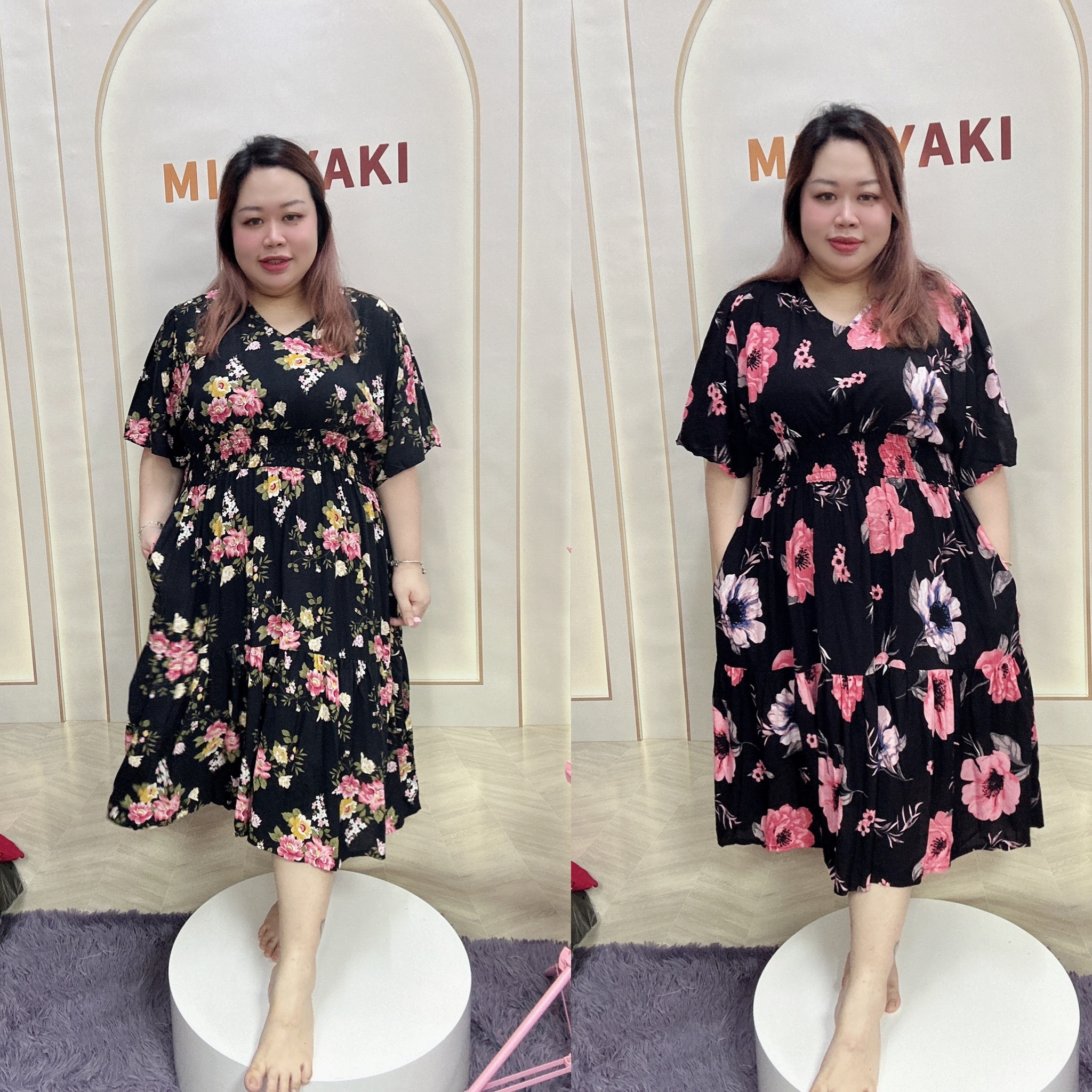 A245 - Plussize Floral Dress *Bust 44 to 60 inch, Hip 74 inch, Length 117cm