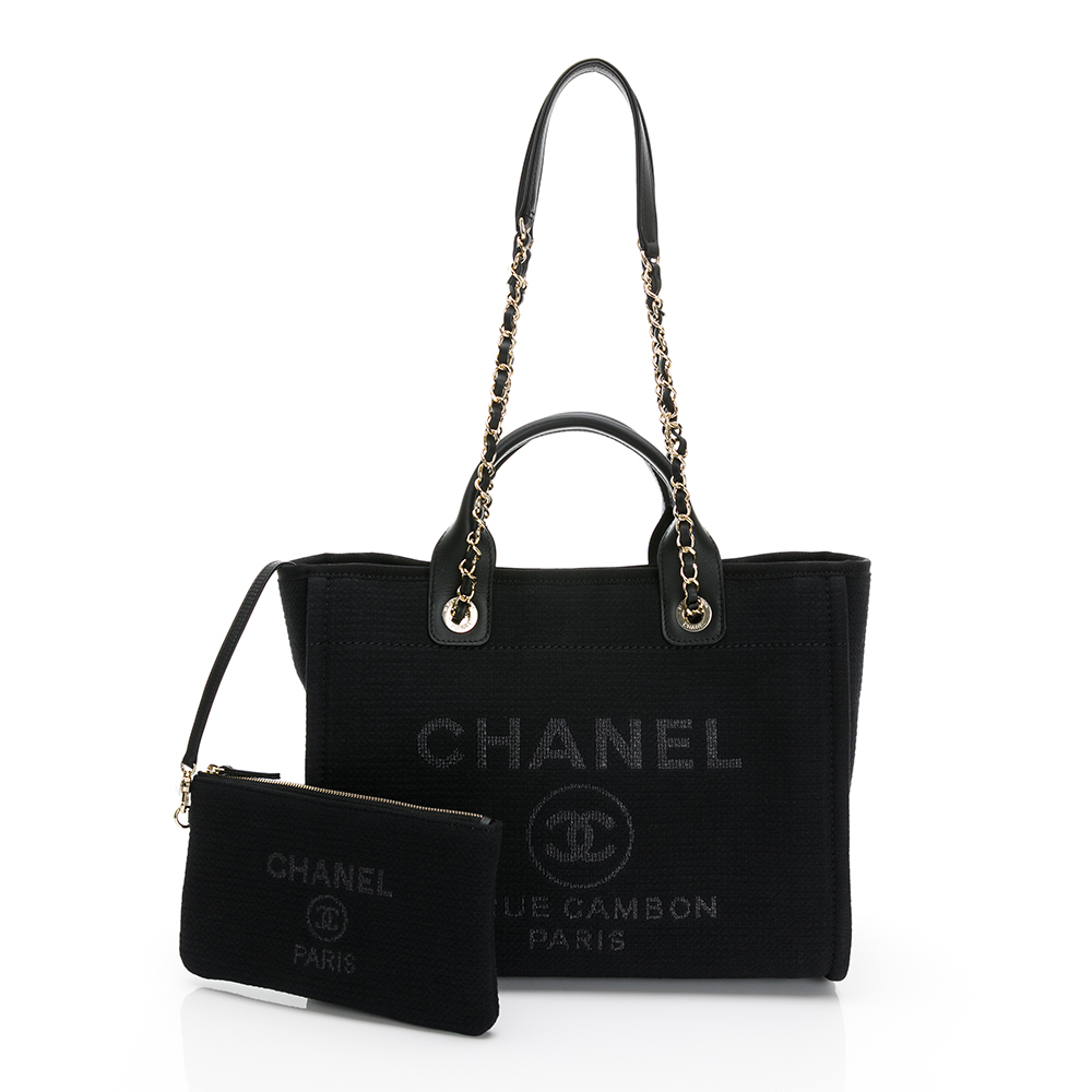 CHANEL 23B Deauville 經典雙C LOGO藤織帆布金鍊手提肩背沙灘/托特包 (黑色)