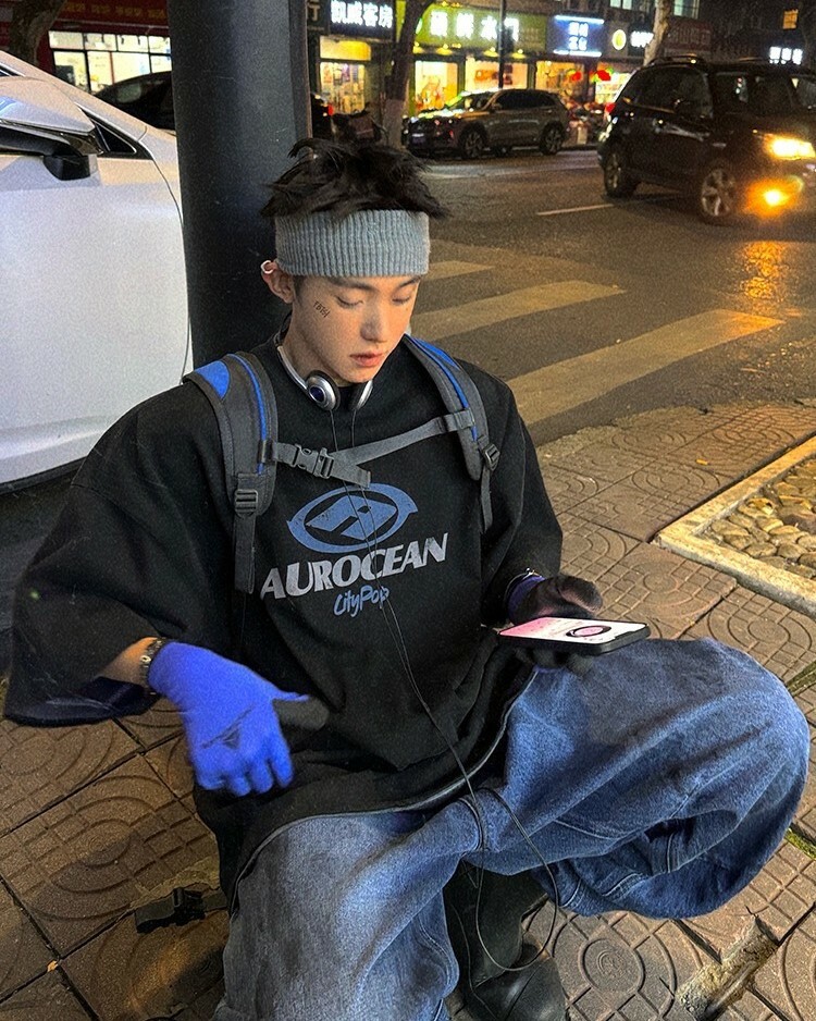 Aurocean 320克重磅黑色作舊印花短袖