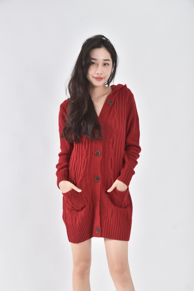 二拾衫-(L) lativ秋冬羊毛針織連帽紅色外套二手衣｜30日無條件退貨