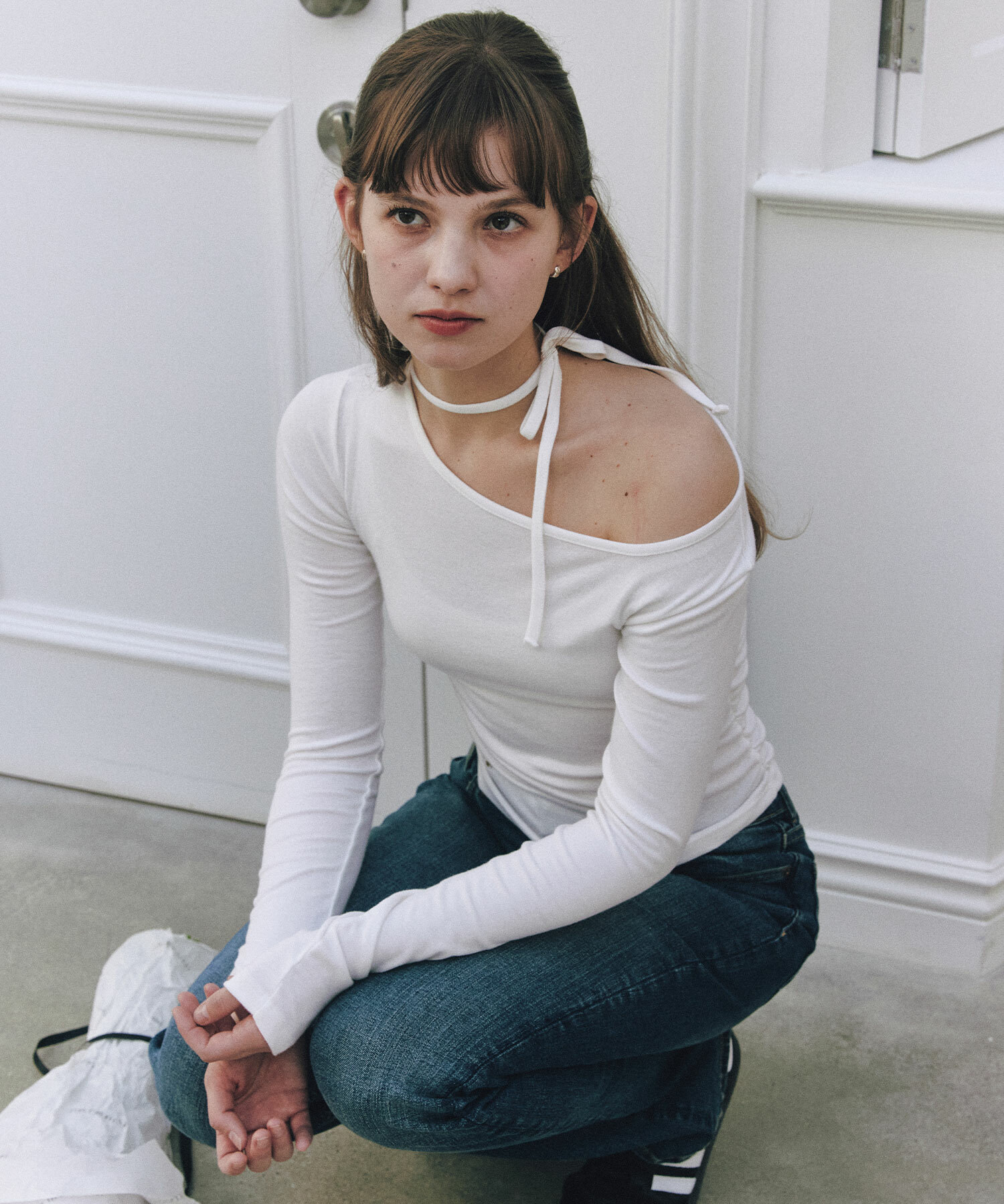 【Letter From Moon】Slash Neck Ribbon Top