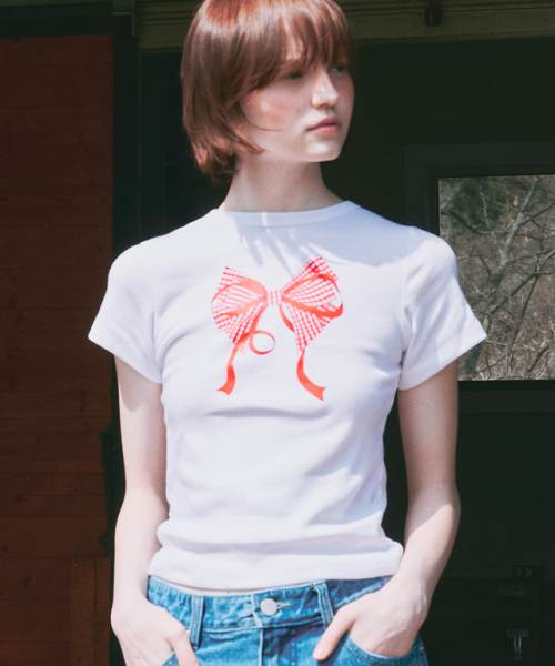 RONRON GINGHAM DOUBLE RIBBON SLIM CROP T SHIRT