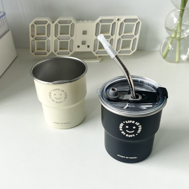 《3907》純色笑臉不鏽鋼吸管露營杯300ML