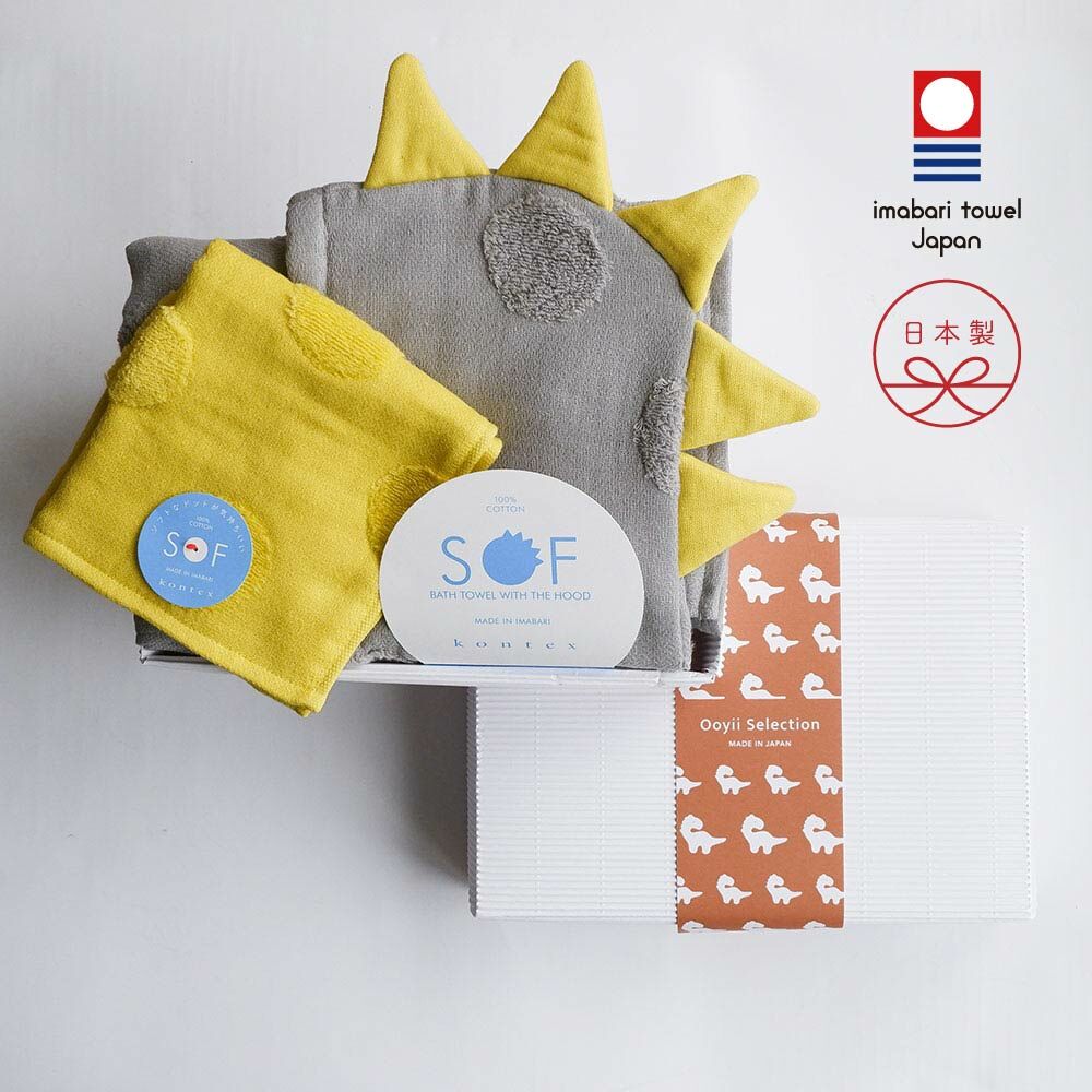 【kontex】今治SOF系列連帽浴巾/毛巾禮盒-恐龍款 (灰/藍)