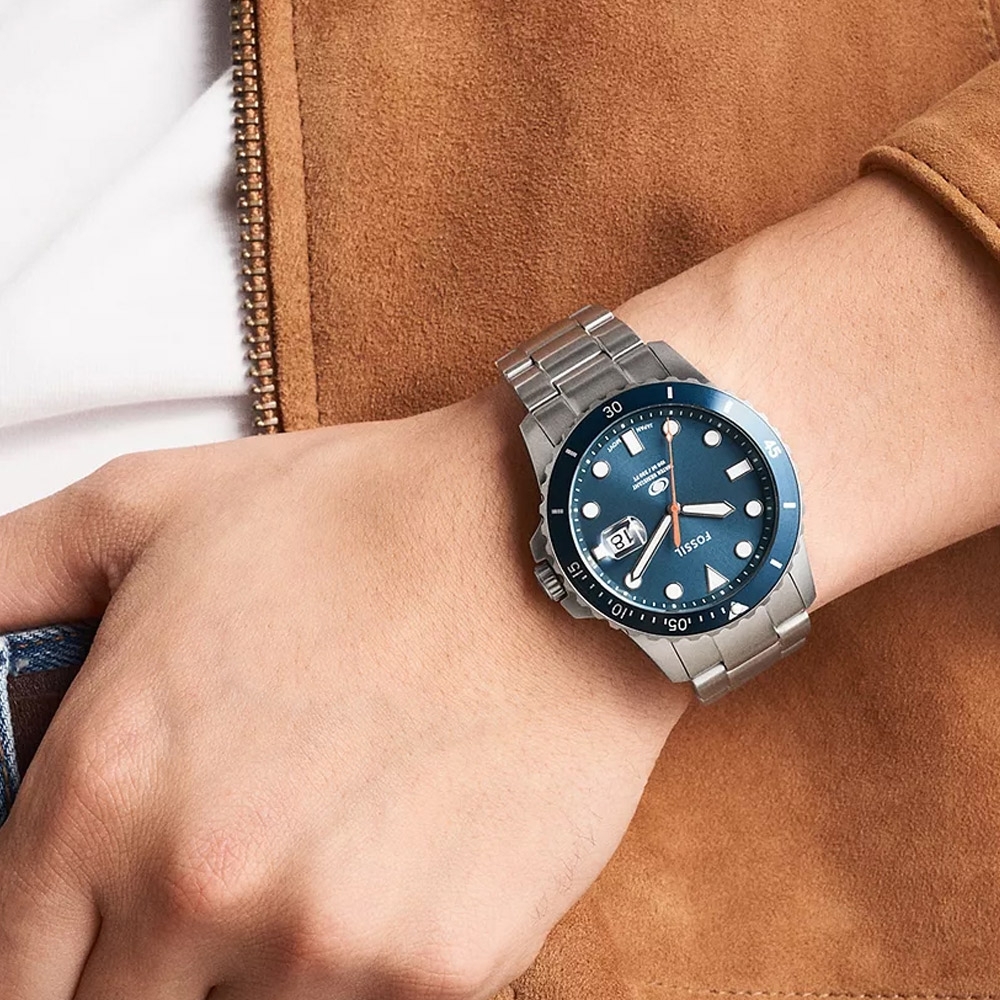 FOSSIL Blue 幾何玩趣日曆手錶 銀色不鏽鋼錶帶 42MM（FS6050）-ERICA STORE