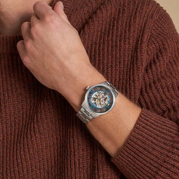 Fossil Townsman 鏤空羅馬數字機械手錶 銀色不鏽鋼錶帶 44MM（ME3260）-時尚時計