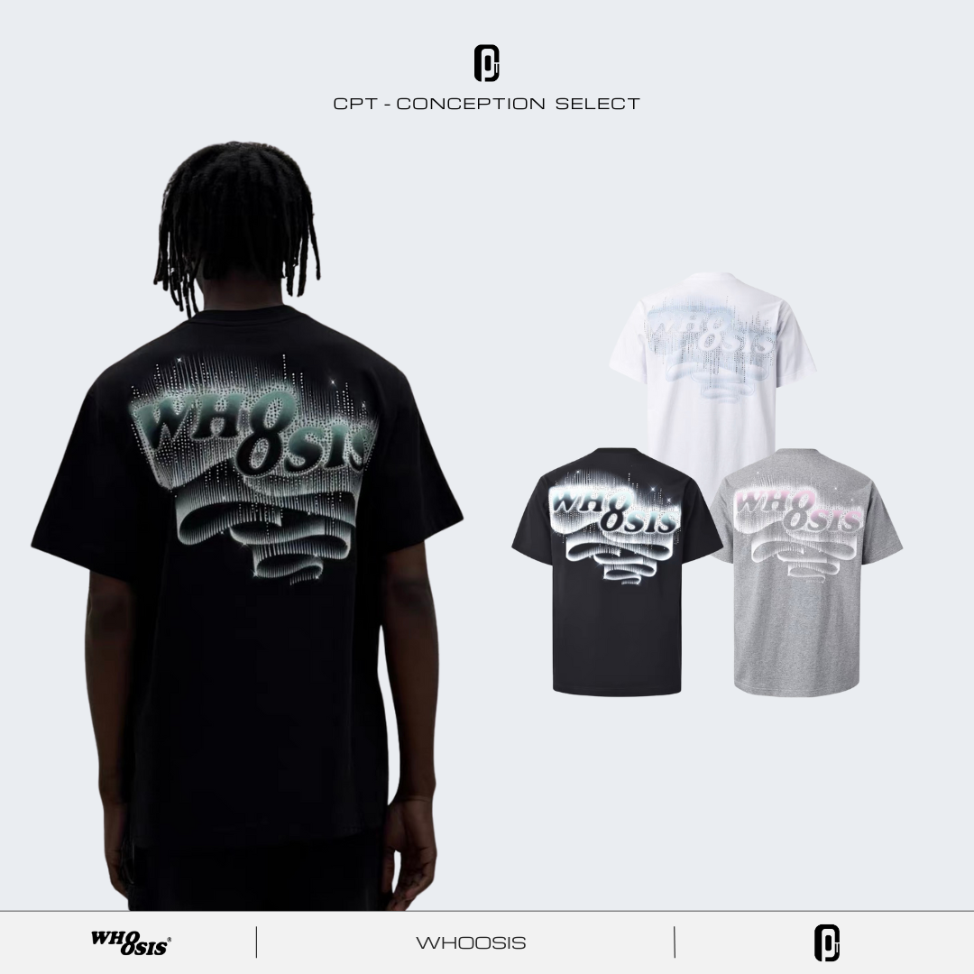 WHOOSIS 幻影極光燙鑽 重磅純棉 美式落肩寬鬆 短袖