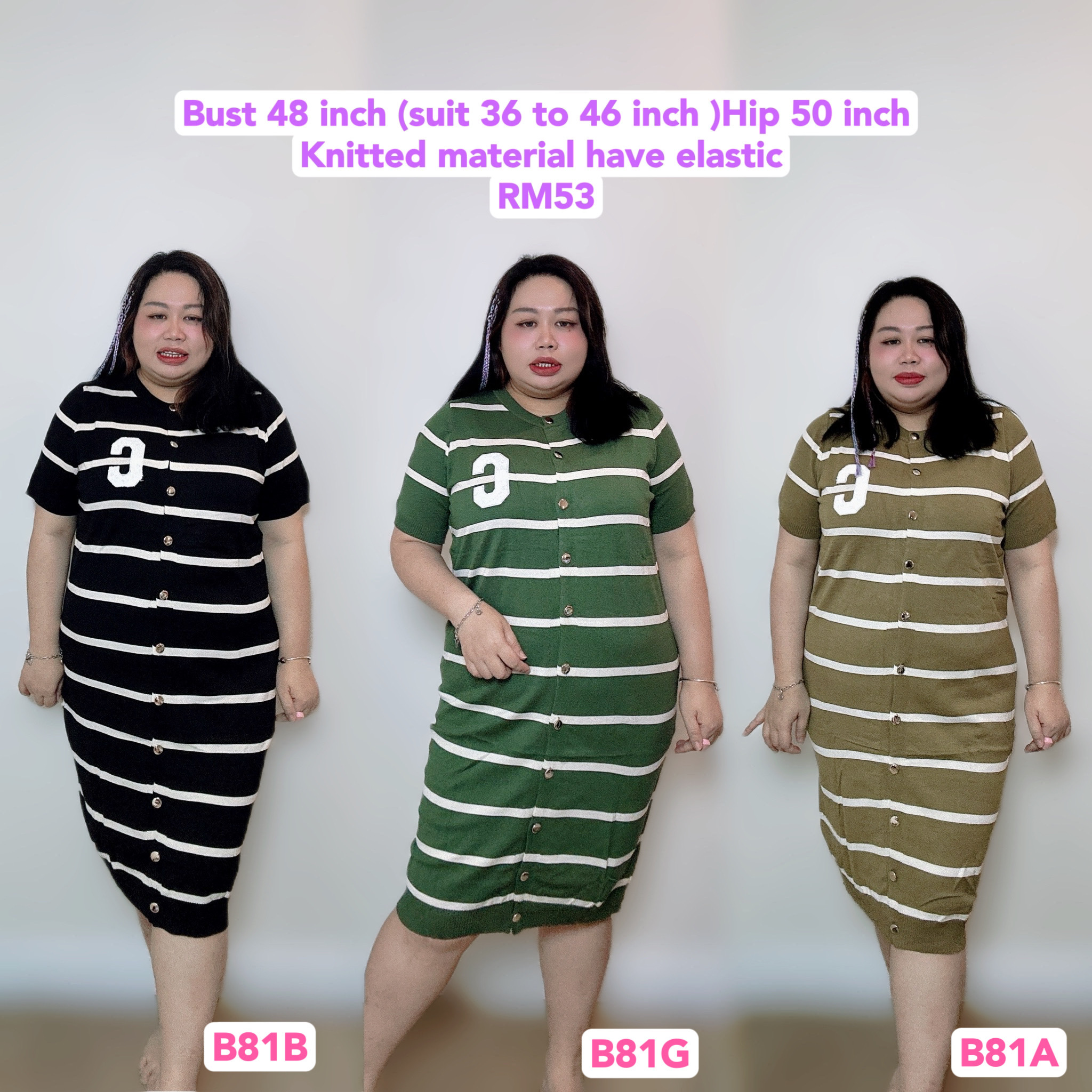 B81- Plussize Knitted Dress *Bust 36 to 46 inch, Hip 50 inch