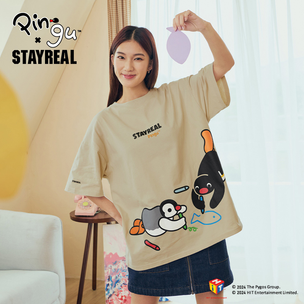 STAYREAL x 企鵝家族 Pingu 哥哥妹妹塗鴉寬版T - 米白