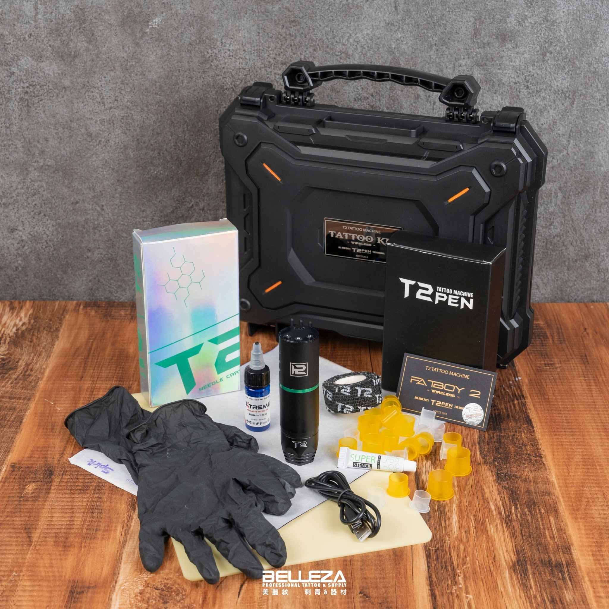 最新的「T2-TATTOO-KIT」新手套裝 -無線，有線 胖小子筆形機新手套裝