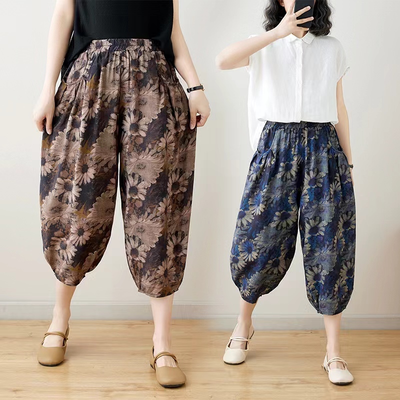 Silk linen printed design "lantern" pants (P8612)