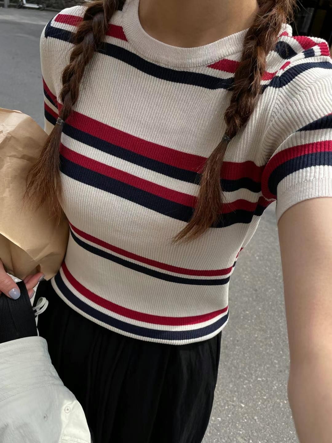 復古配色薄針織上衣【421K22】