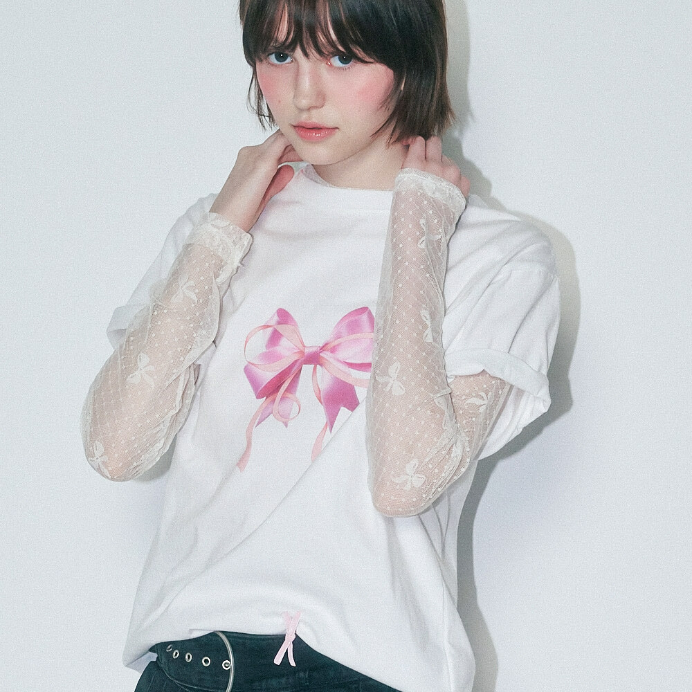 RONRON DOUBLE RIBBON BASIC FIT T SHIRT WHITE PINK