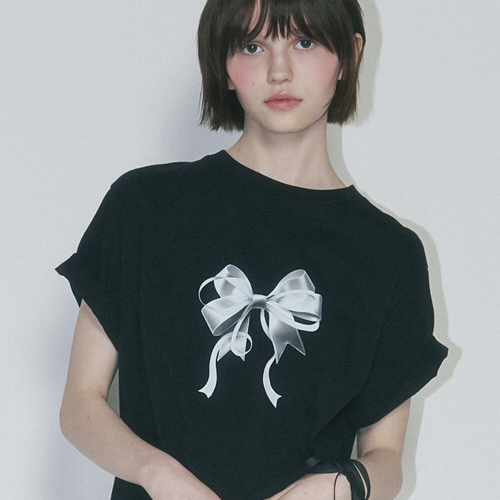 RONRON DOUBLE RIBBON BASIC FIT T SHIRT BLACK SILVER