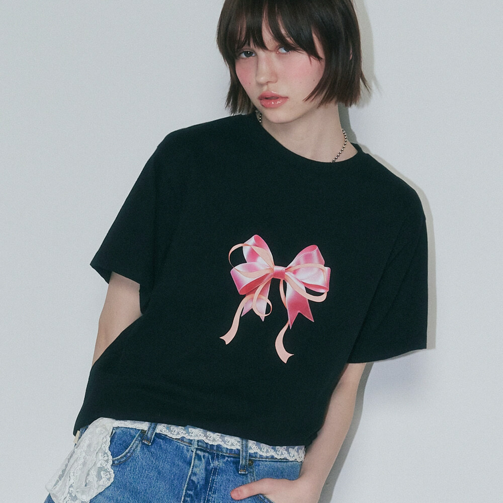 RONRON DOUBLE RIBBON BASIC FIT T SHIRT BLACK PINK