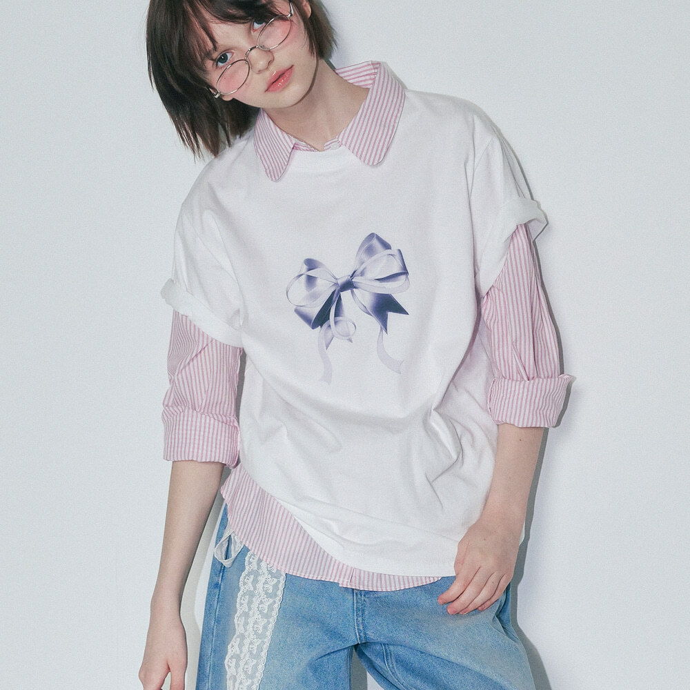 RONRON DOUBLE RIBBON BASIC FIT T SHIRT WHITE SILVER