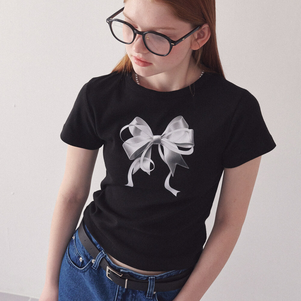 RONRON DOUBLE RIBBON SLIM CROP T SHIRT BLACK SILVER