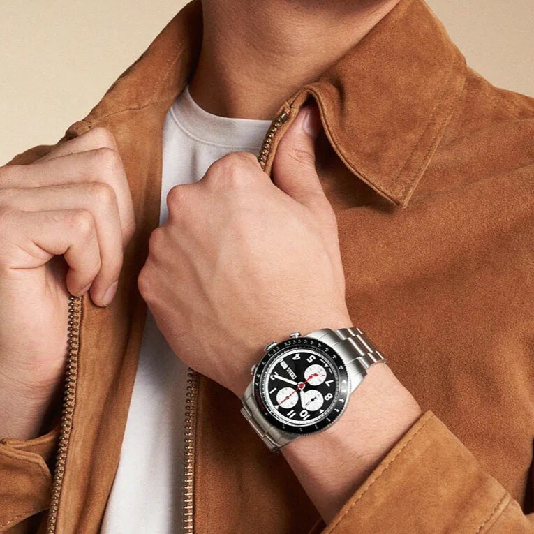 FOSSIL Sport Tourer 經典黑白三眼計速手錶 銀色不鏽鋼錶帶42MM（FS6045）-時尚時計