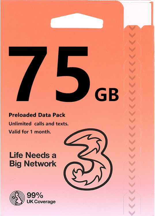 3UK - UK & Europe 70+ Regions 5G/4G/3G Data Sim Card 50