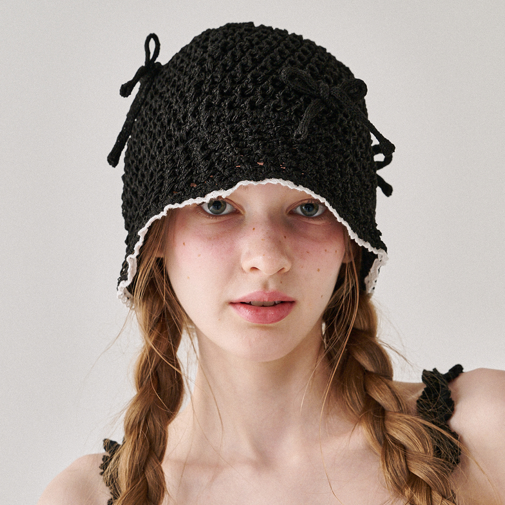 RONRON RIBBON SUMMER KNIT BUCKET HAT BLACK