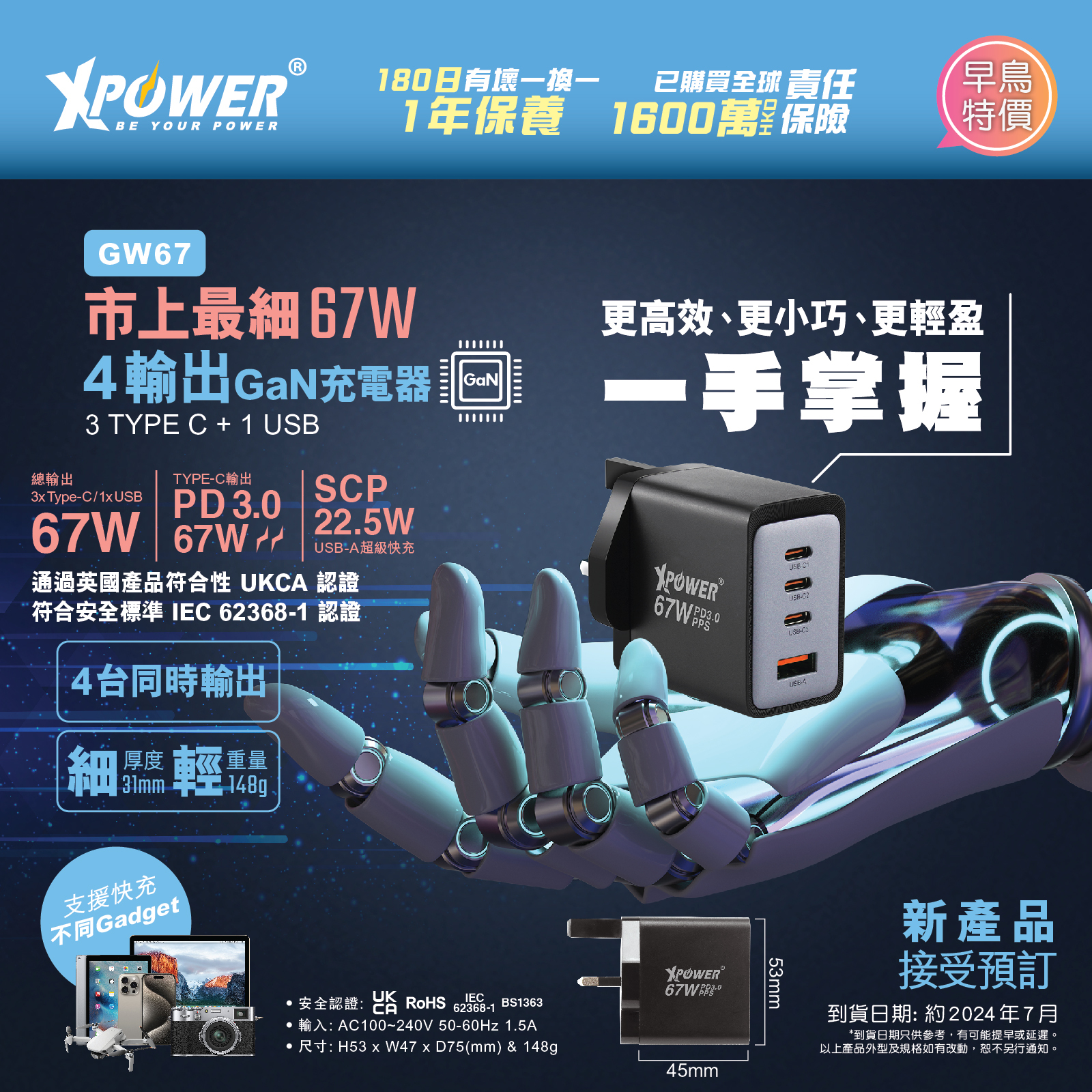 XPower GW67 67W PD3.0/PPS/SCP插牆GaN充電器