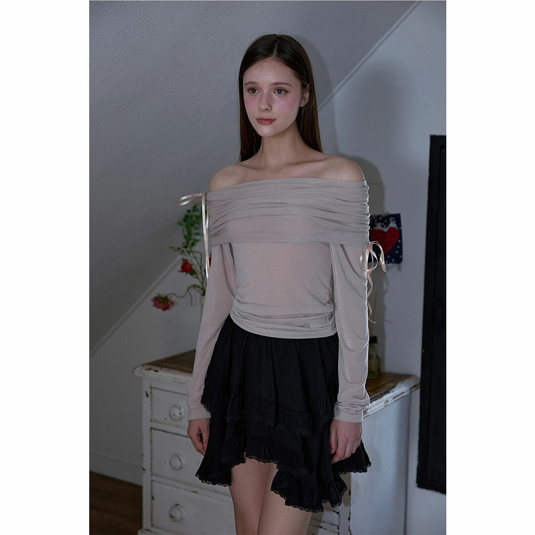 【Rose Frantz】【網店限定】Ribbon Off Shoulder Long Sleeve [Bei