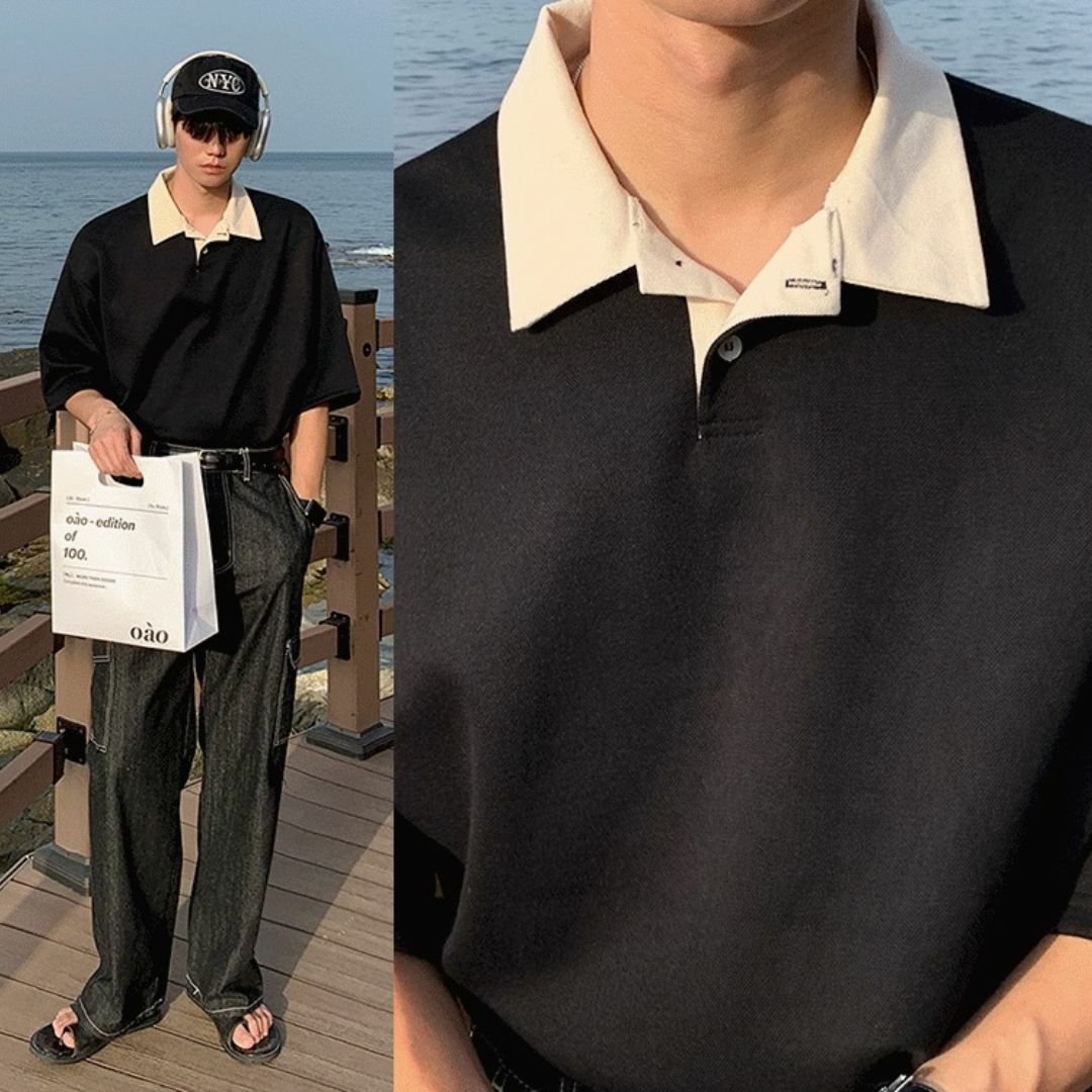 經典撞色翻領上衣撞，三色 J064