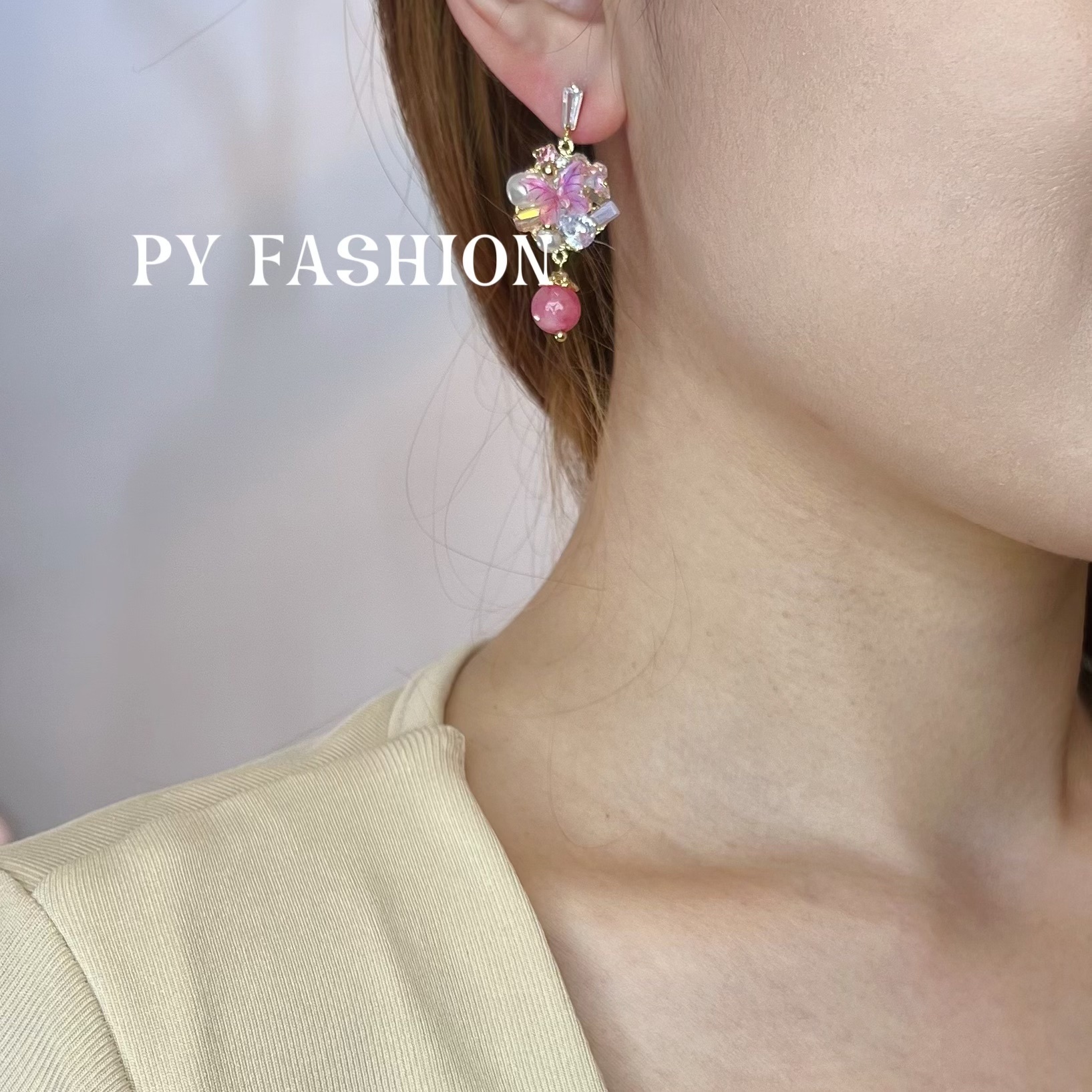 PYA0607 HANDMADE CRYSTAL PINK BUTTERFLY EAR RING