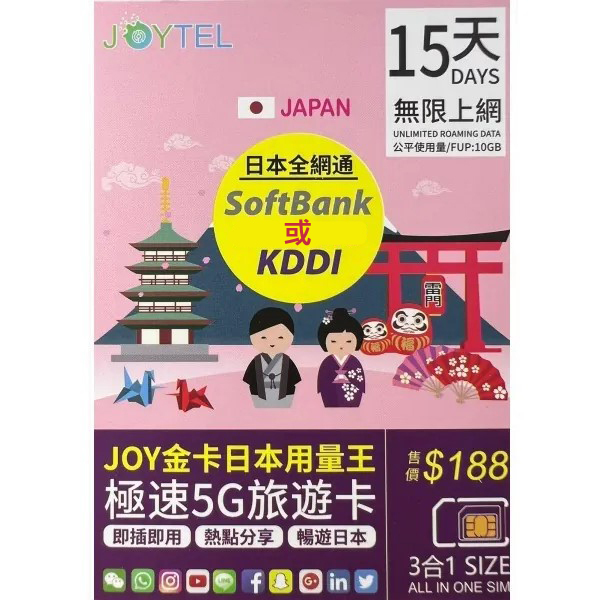 JOYTEL 【日本】 15天 無限上網 全網通勁量王極速 5G 旅遊卡 香港行貨