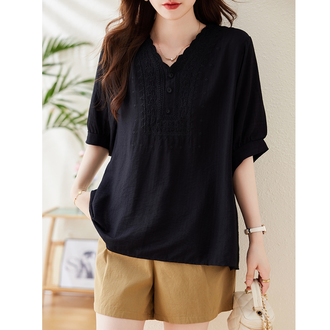 【G6127】蕾絲刺繡V領上衣 M-5XL