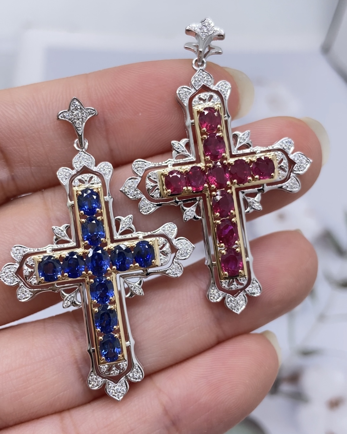 lab grown ruby and sapphire cross pendant