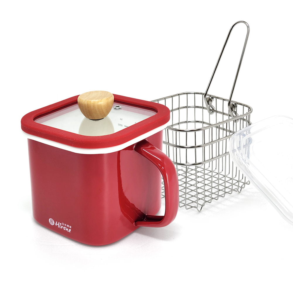 【日本HIRONE】14cm[淨白/亮紅]琺瑯單耳方形奶鍋組