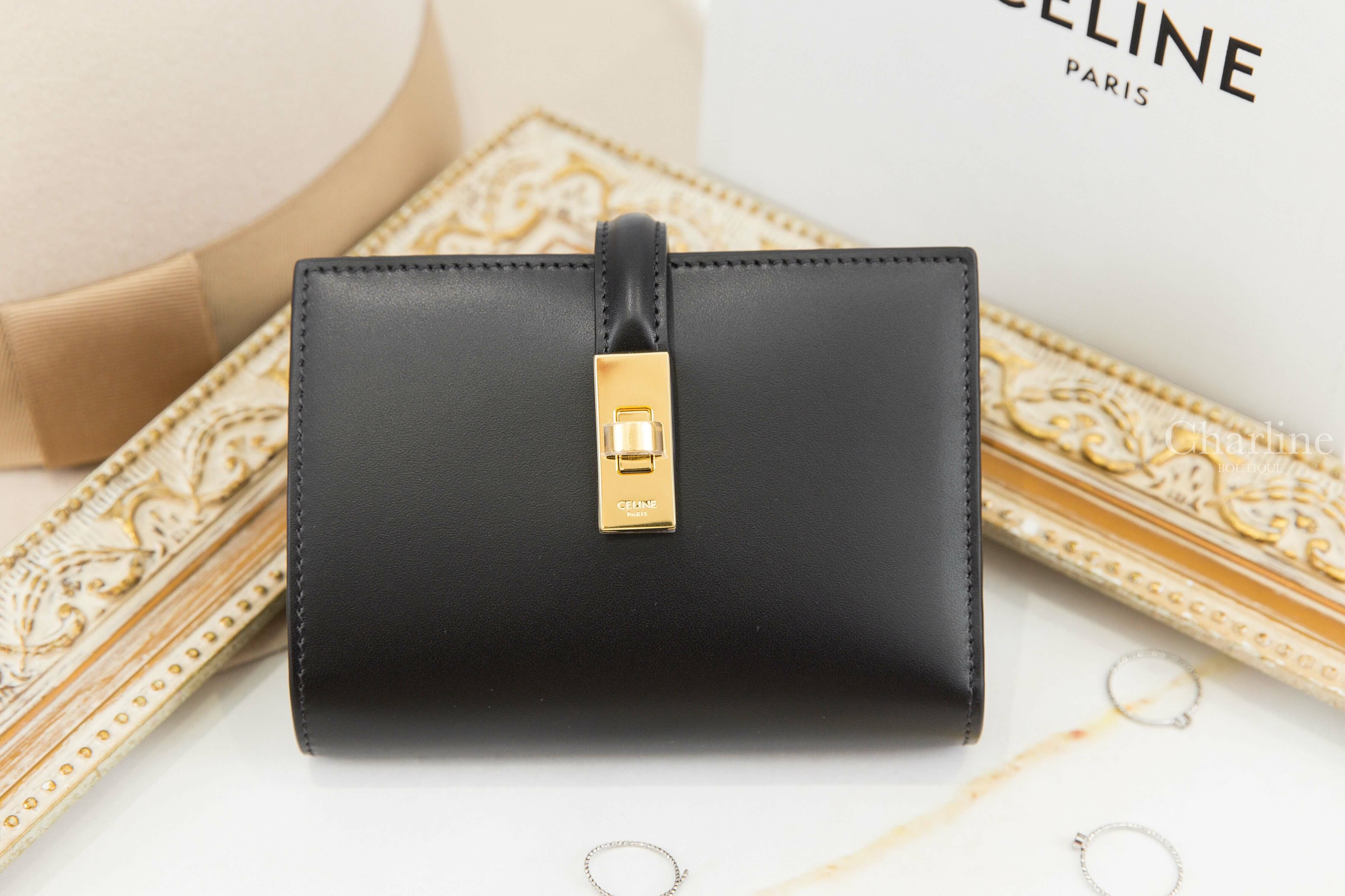 Celine Wallet 黑色金釦附可拆式拉鍊卡片夾小牛皮短夾-Charline Boutique精品代購