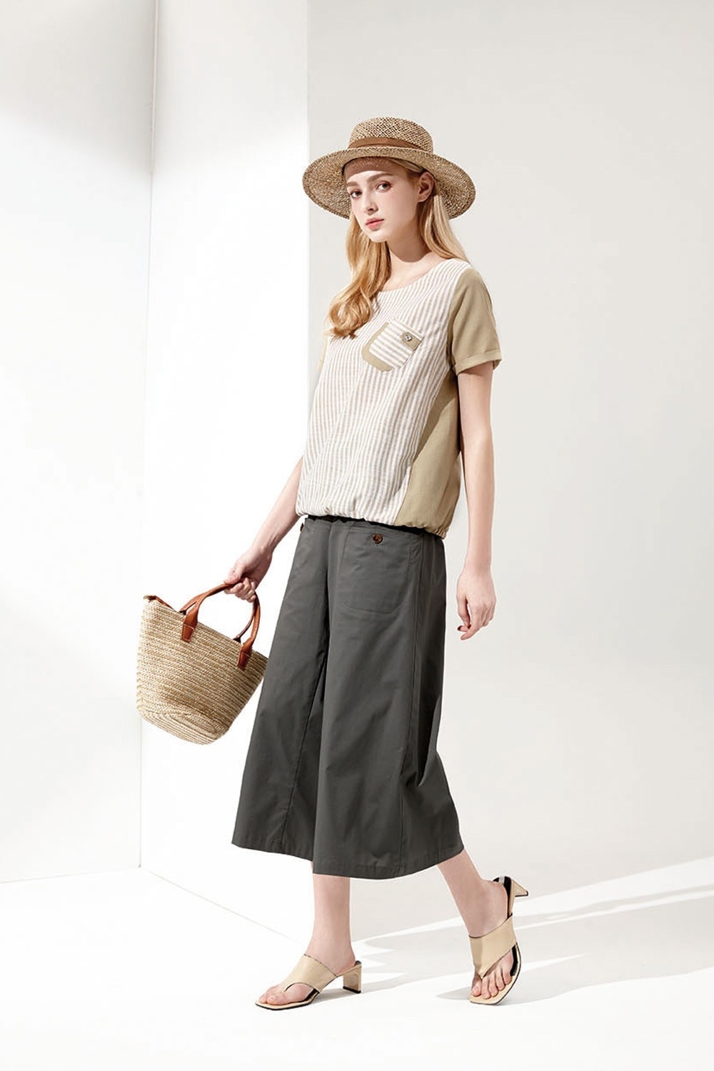 韓版時尚OL質感棉簡約風口袋釦子造型修身寬褲裙U6512