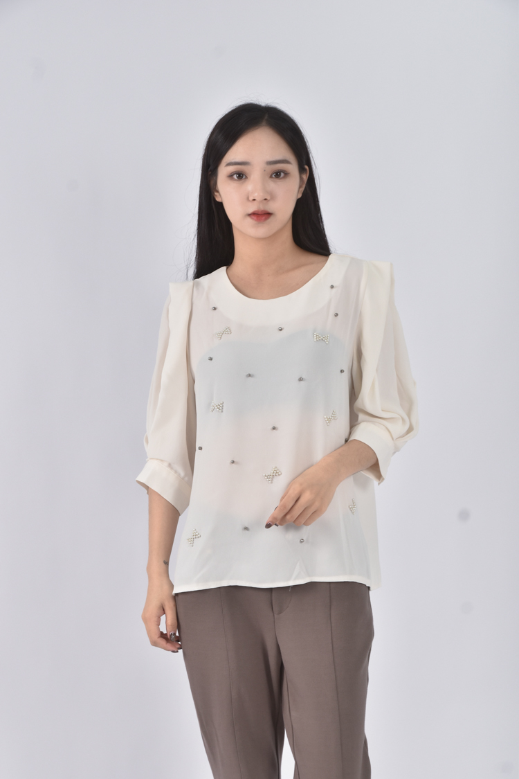 二拾衫-(M) dodo girls質感雪紡珍珠五分白色短袖上衣二手衣｜30日無條件退貨