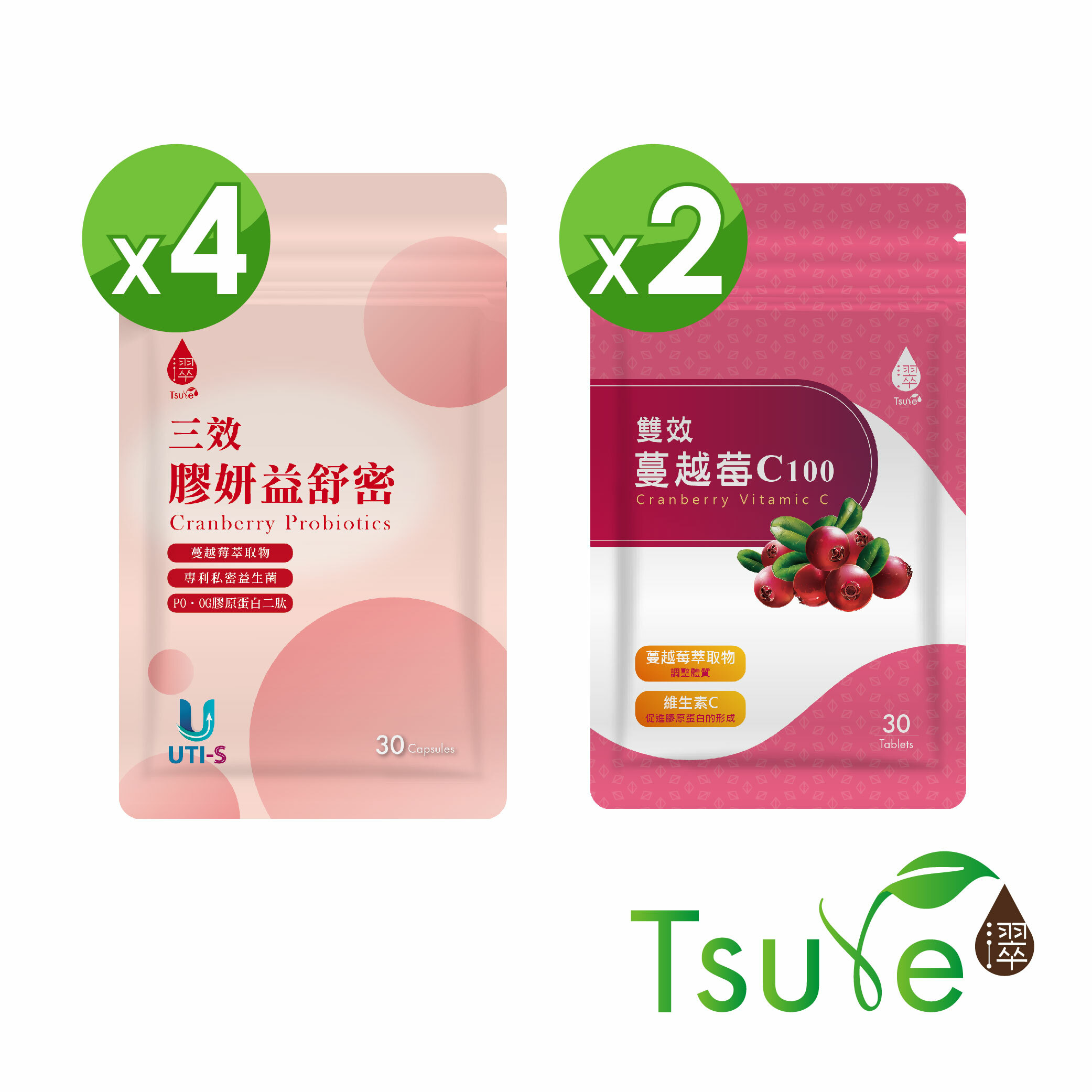 【日濢Tsuie】私密保養組 30日份 三效膠妍益舒密(30顆/包)x4包+蔓越莓C100(30錠/包)x2包