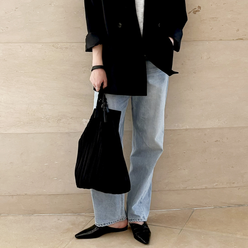 韓國 BLUEORB 2way Each Bag 兩用皺褶托特包 肩背包-內附收納袋 酷炫黑