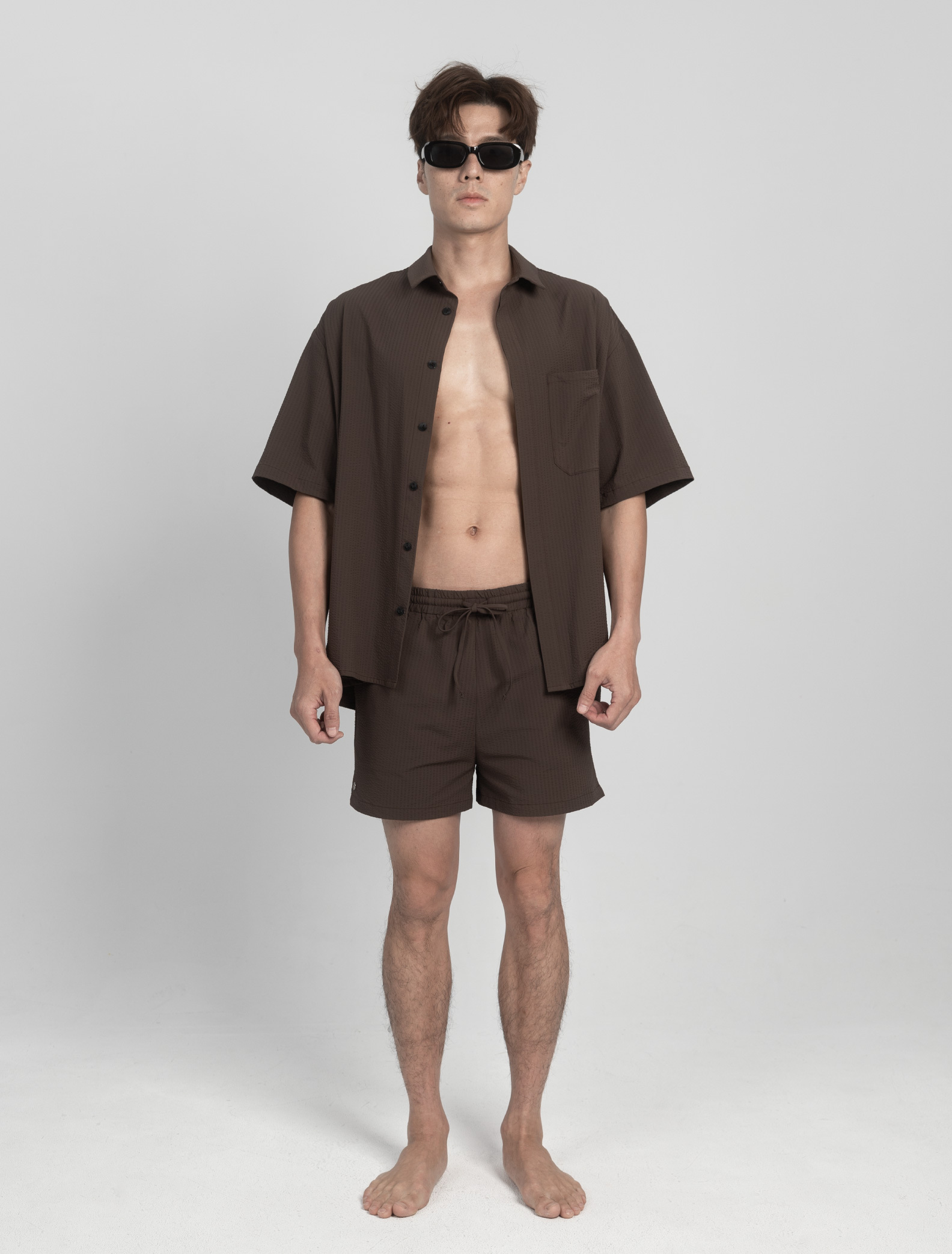 Coffee Brown 咖啡棕 / 泡泡紗 落肩度假襯衫｜TIMU AQUA