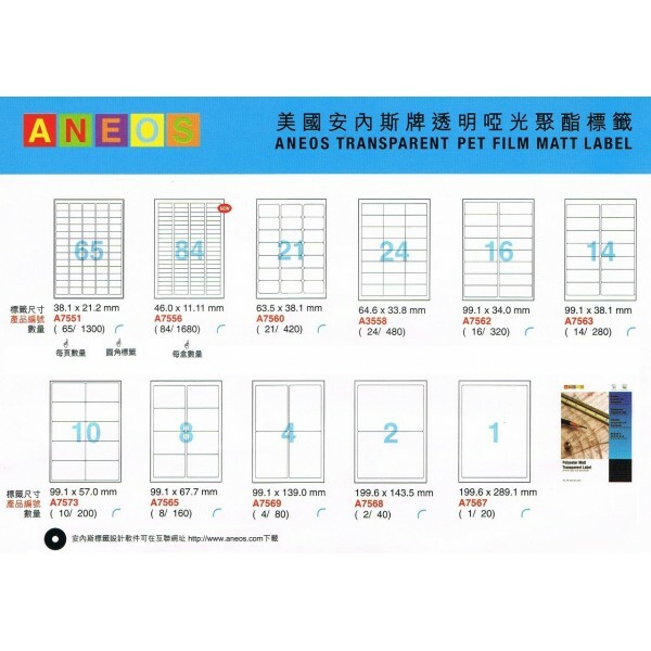 Aneos A7551 透明標籤 (38.1x21.2mm) - 20s