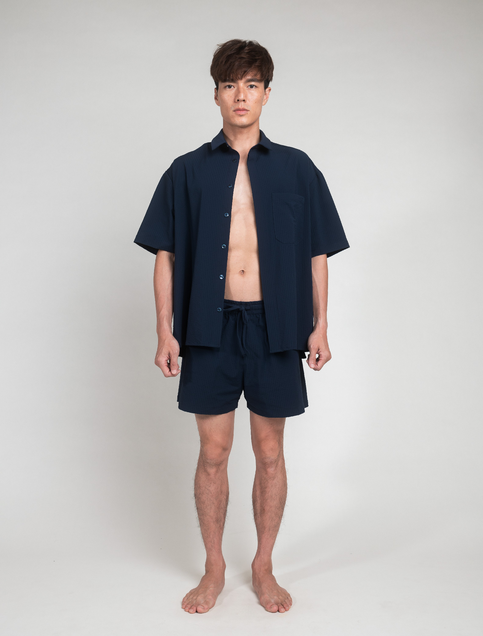 Dark Blue 深海藍 / 泡泡紗 落肩度假襯衫｜TIMU AQUA