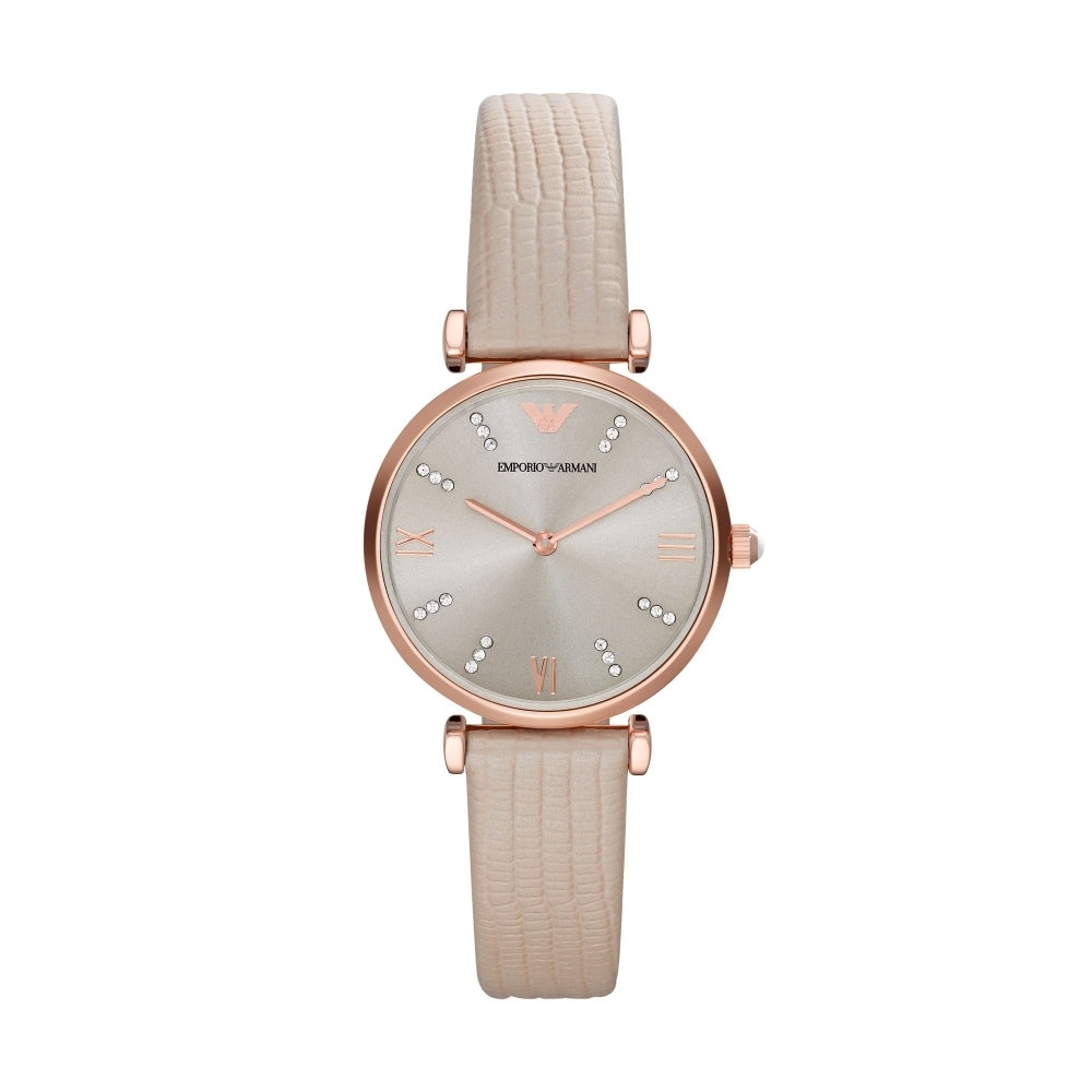 【Armani 亞曼尼】AR1681 玫瑰金 素雅 高貴 晶鑽時標 女款 石英錶