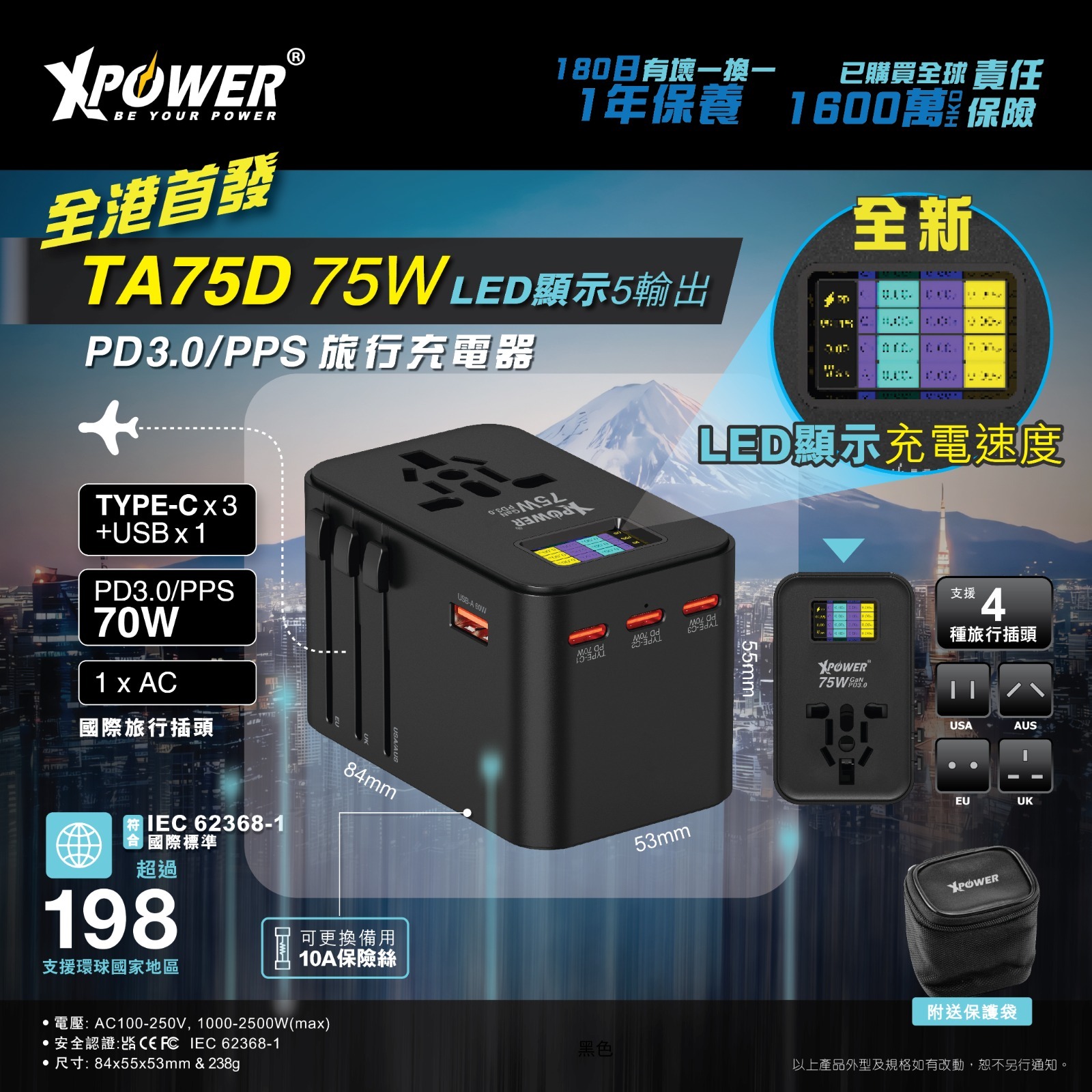 XPower TA75D 75W 5輸出 PD 3.0/PPS旅行充電器