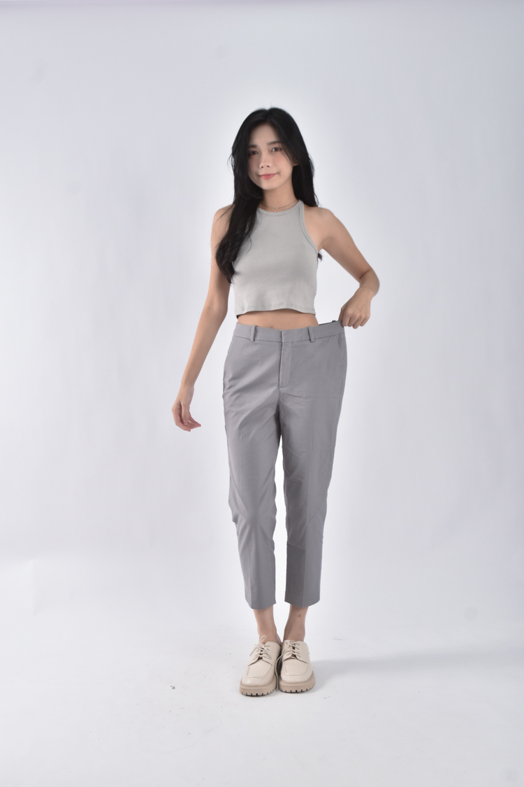 二拾衫-(L) lativ高腰西裝棉質勾釦灰色長褲二手衣｜30日無條件退貨