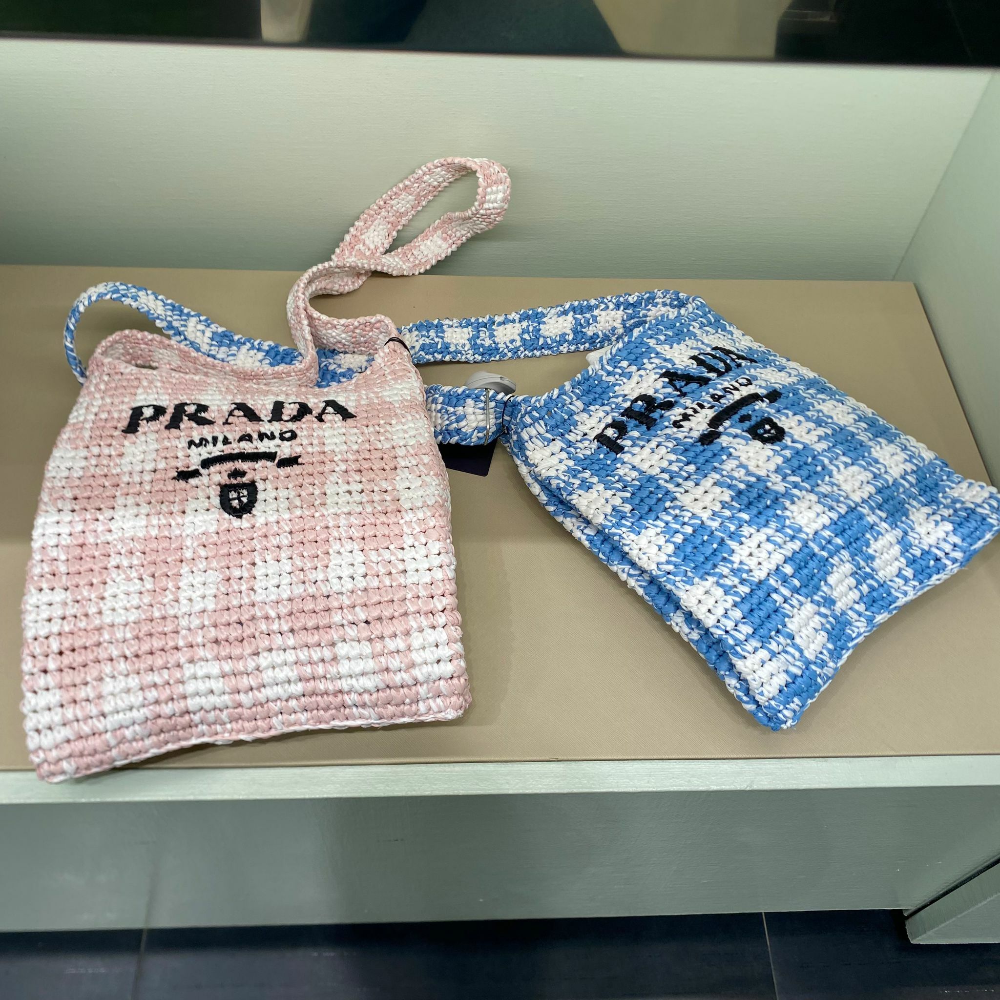 Prada raffia crossbody bag pink/blue 1BC184