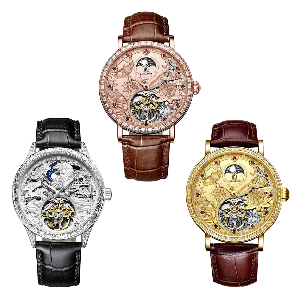 【RAKSA DUKE羅薩公爵】RSD-017 典雅花朵浮雕錶盤 晶鑽時標錶圈 日月星辰 夜光指針 小牛皮錶帶
